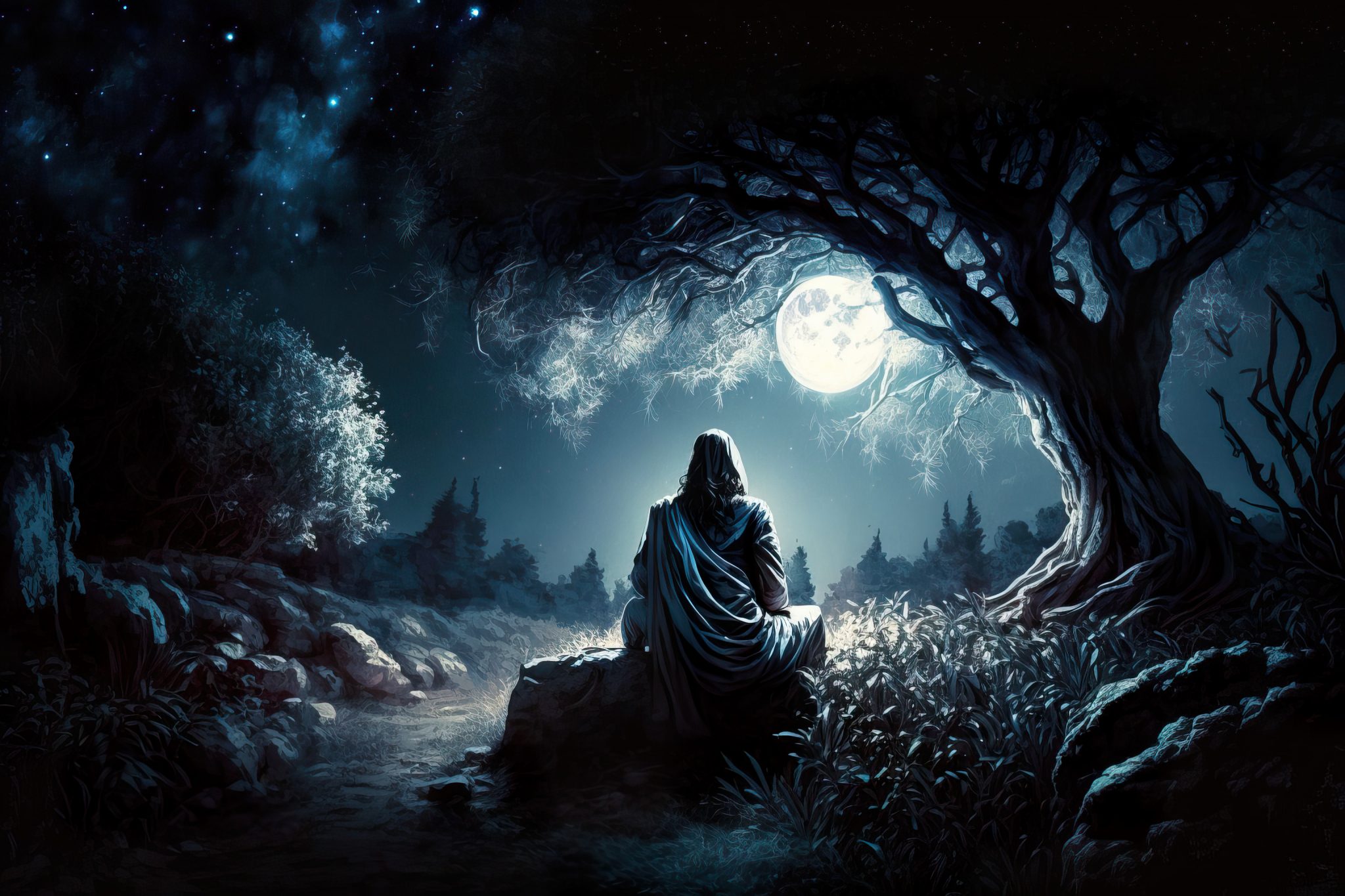 Jesus Praying under Starry Sky in Gethsemane Garden Generative A - The ...