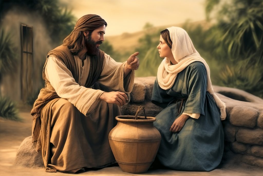 Jesus speaking to the Samaritan woman next to the well giving hope for ...